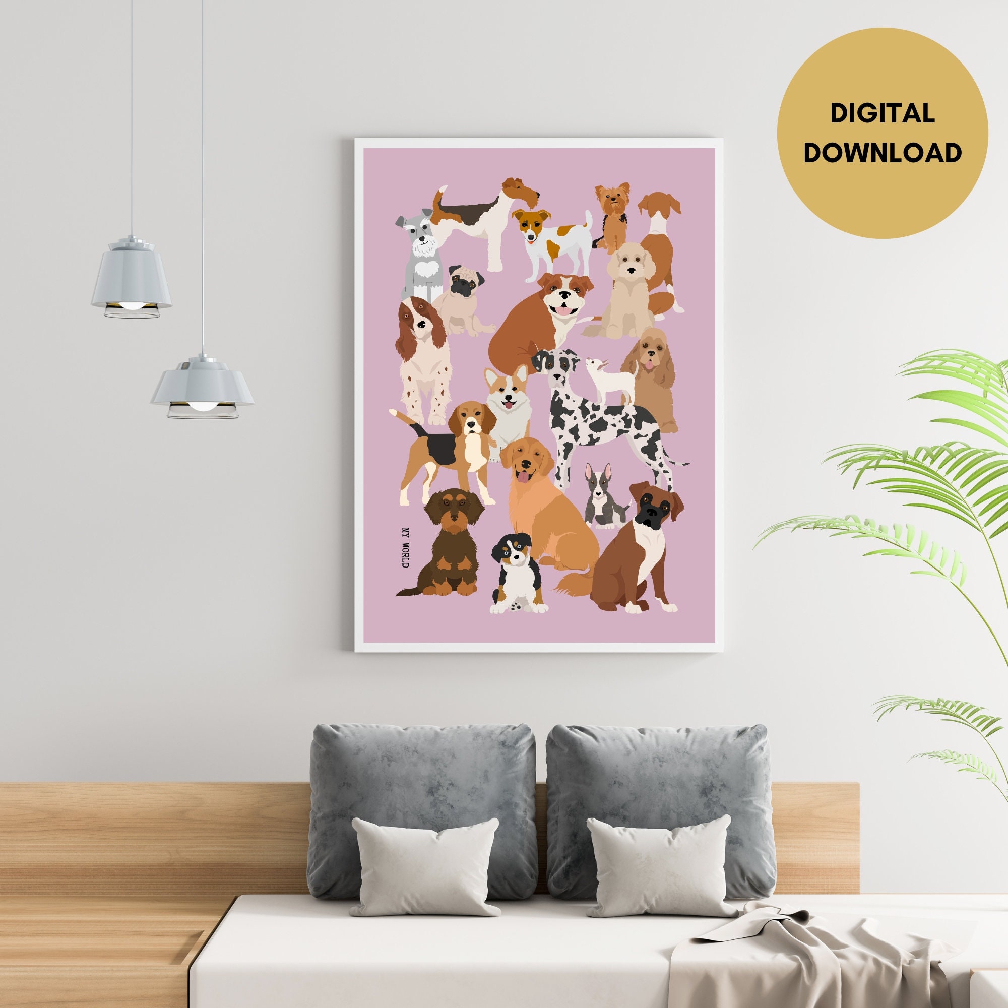 Dog Breeds Print, Digital Download, Pink Dog Wall Art Print, Dogs ...