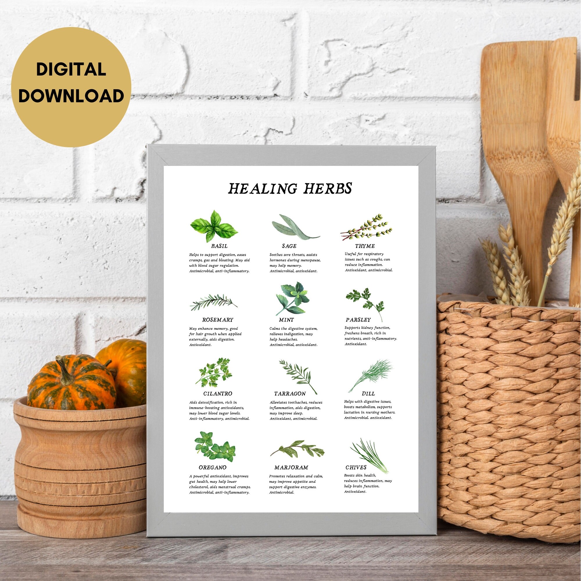 Healing Herbs Print, Digital Download, Herbs Poster, Herb Guide, Herb ...