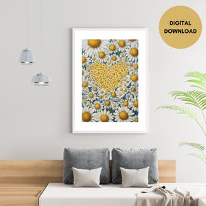 Daisy Flower Heart Print, Digital Print, White and Yellow Flower Wall ...