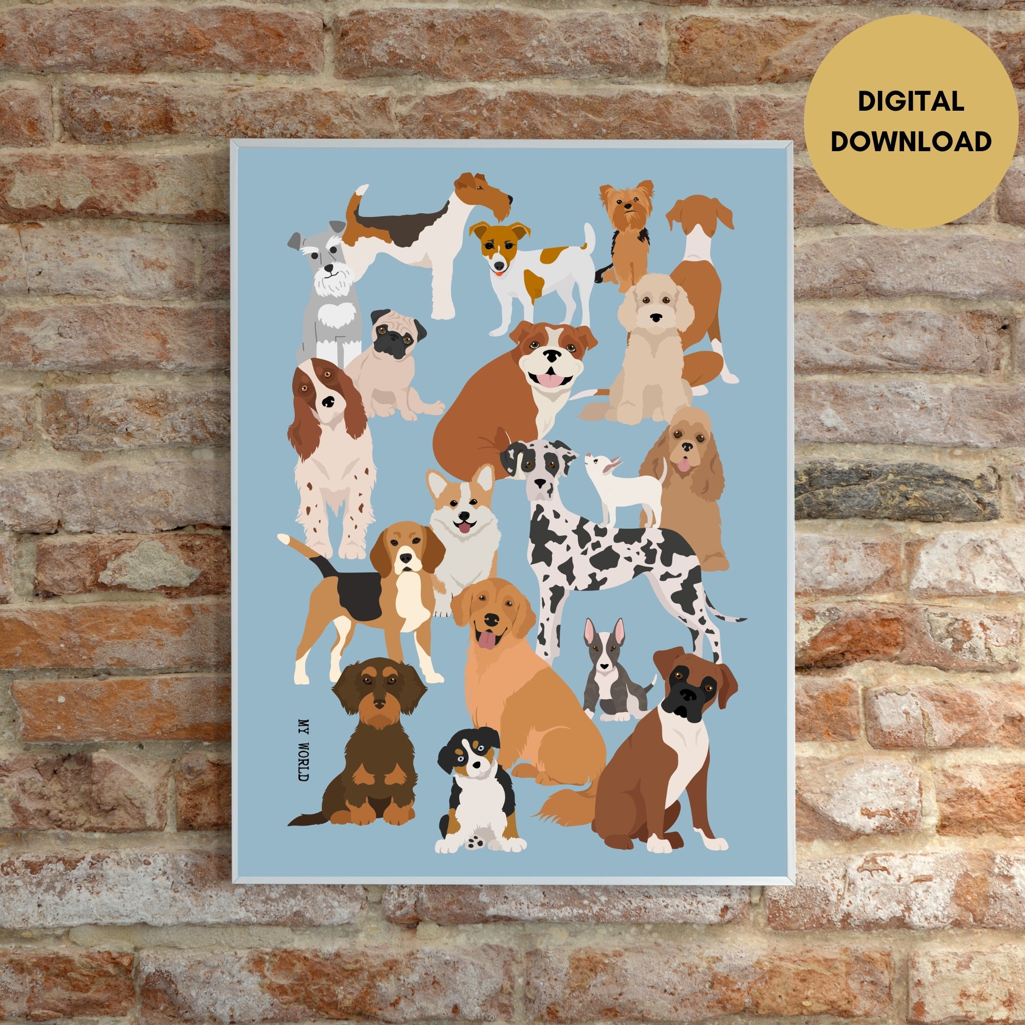 Dog Breeds Print, Digital Download, Blue Dog Wall Art Print, Dogs ...