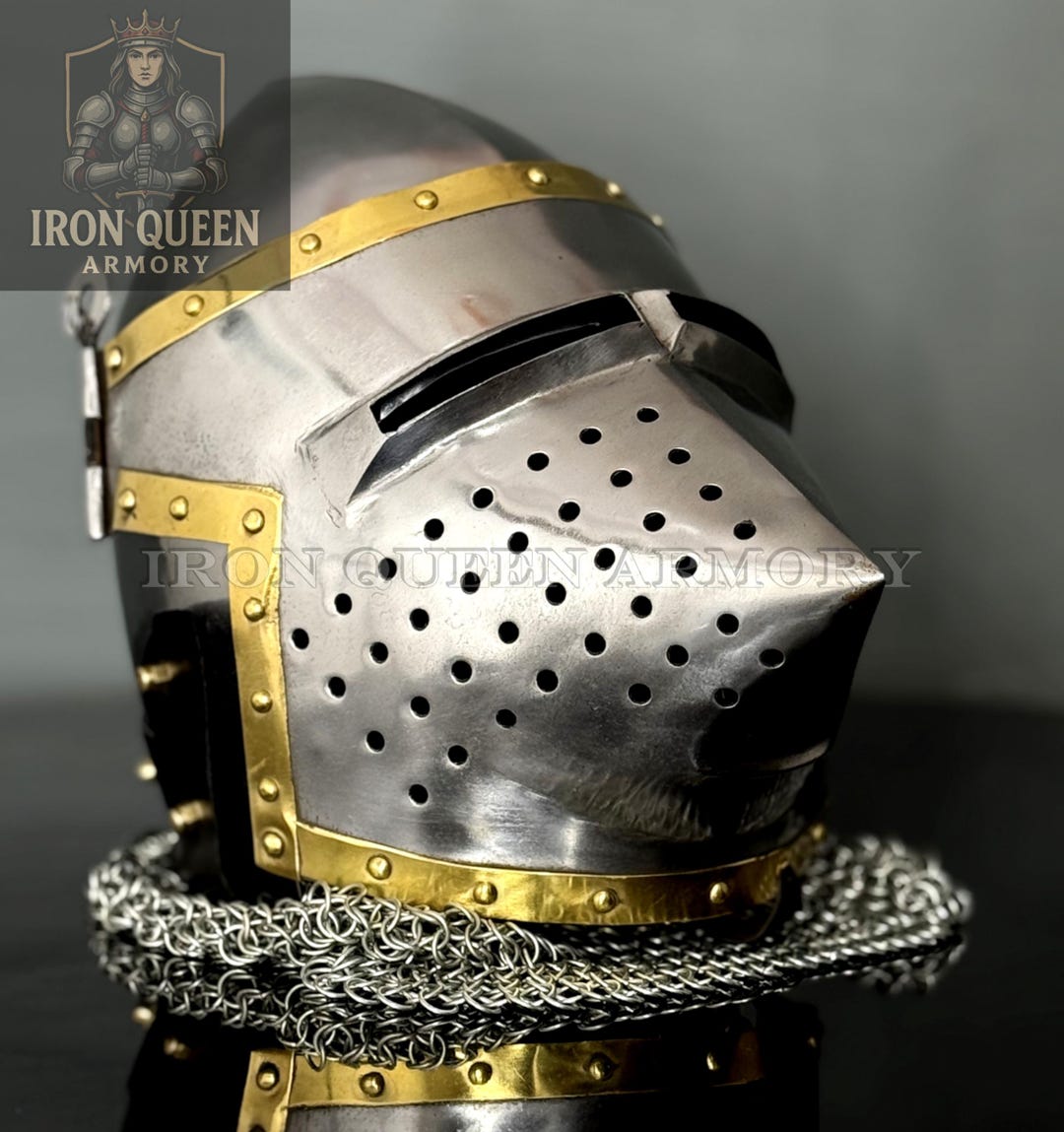 Medieval Bascinet Helmet: Visored Barbute With Brass Trim, Chainmail ...