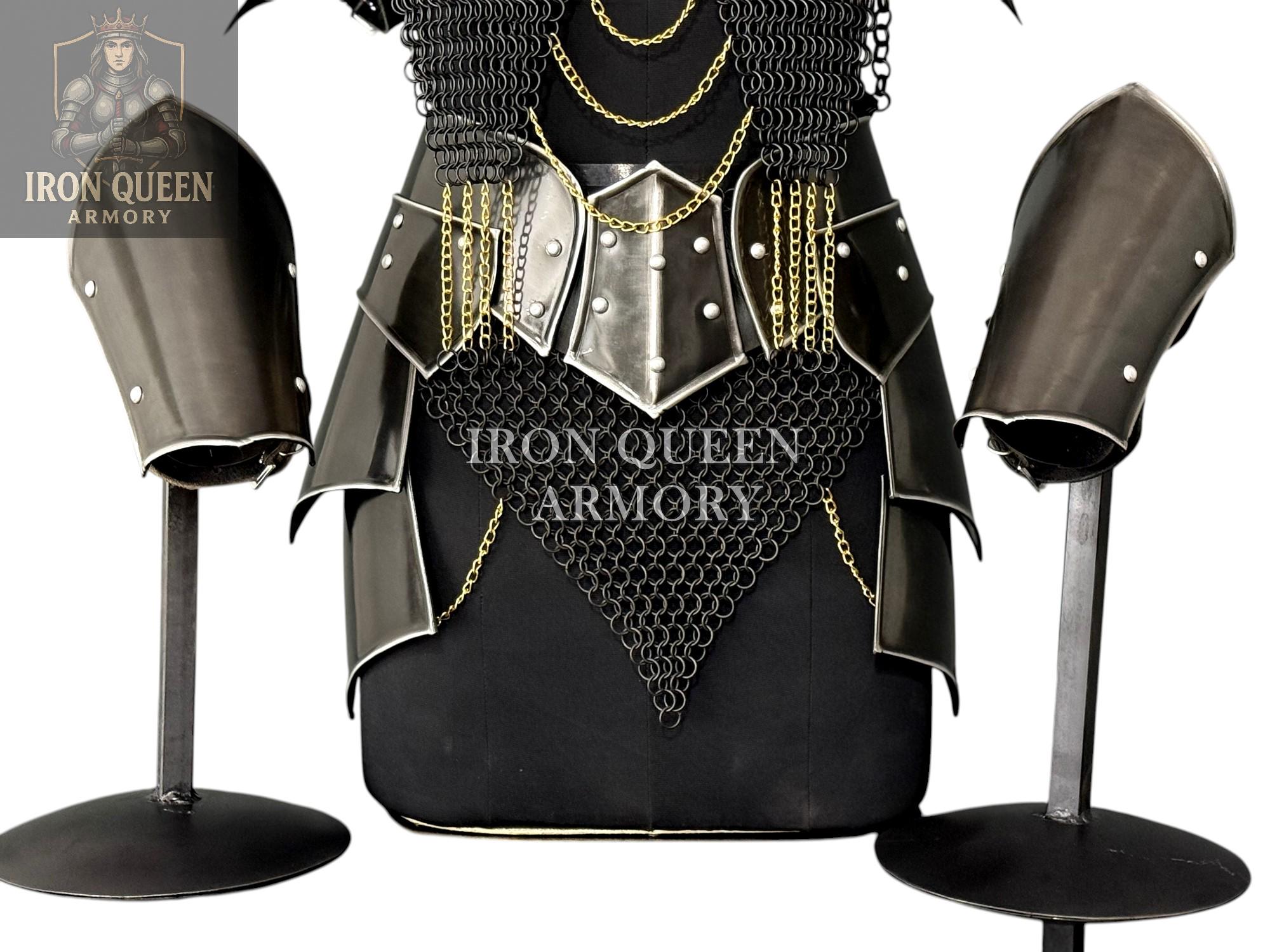 Dark Fantasy Women's Chainmail Armor Set: Black & Gold Warrior Cosplay ...