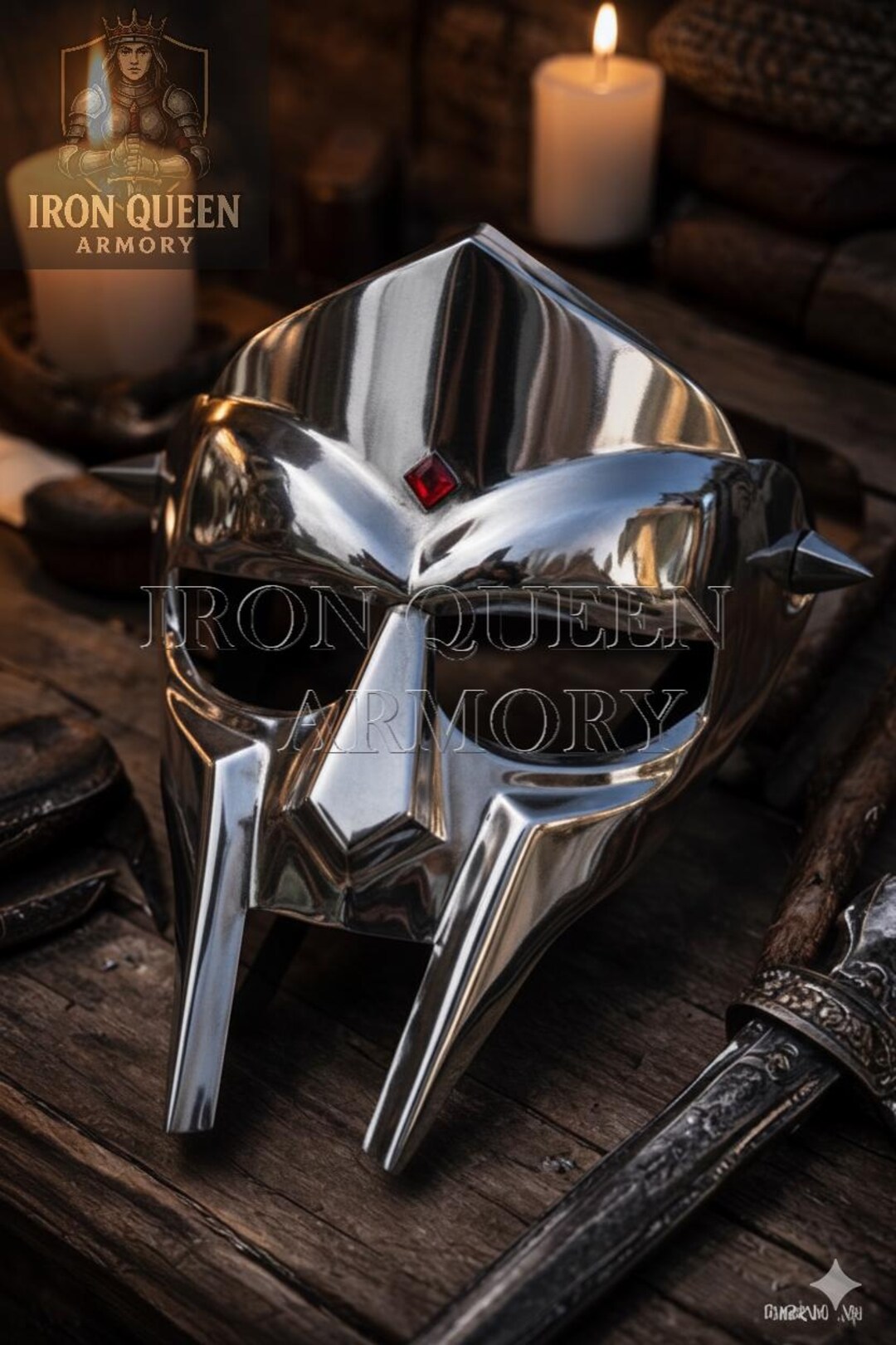 Handcrafted MF Doom Mask Steel – Fantasy Armor Mask With Red Gem ...