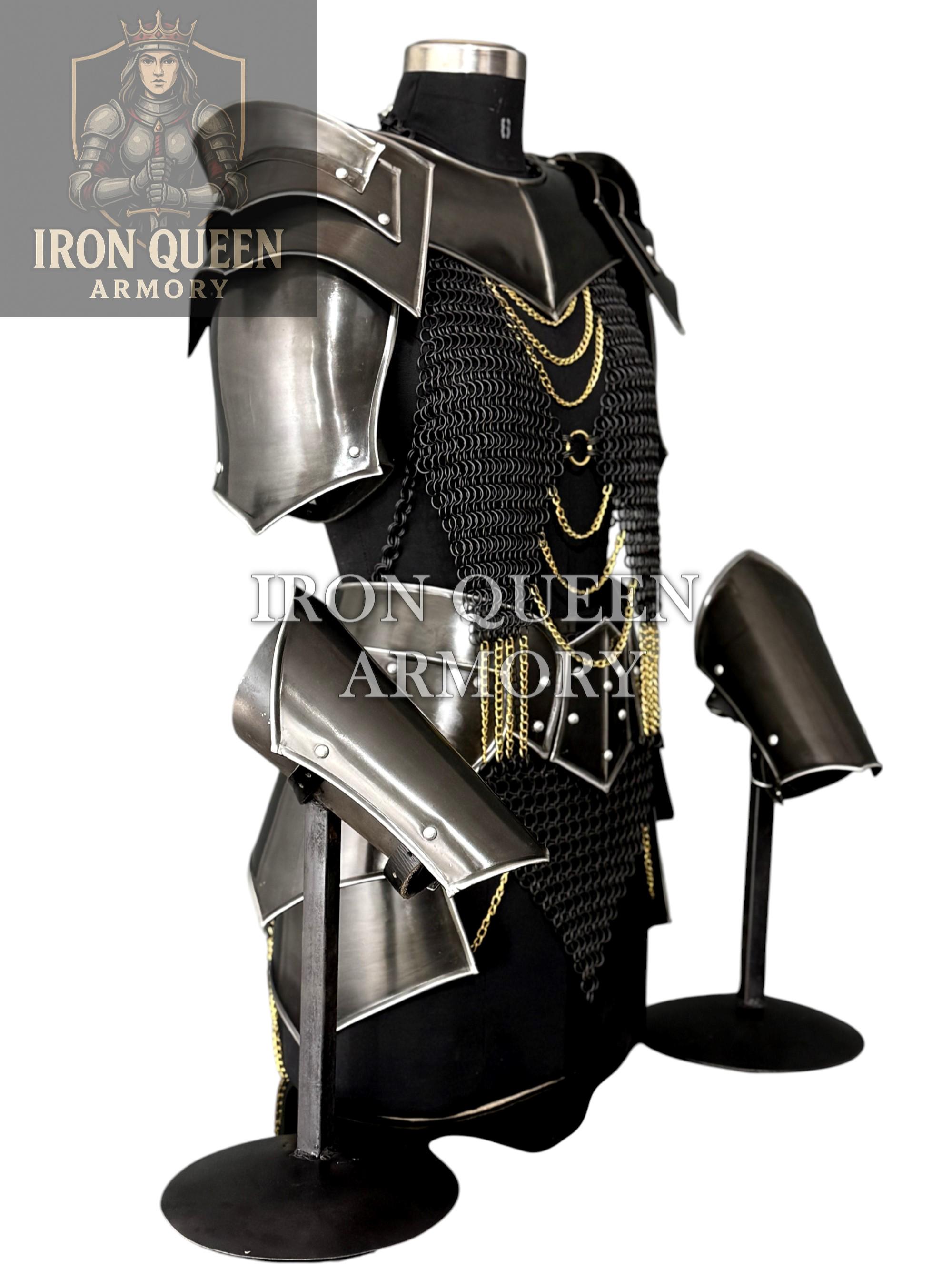 Dark Fantasy Women's Chainmail Armor Set: Black & Gold Warrior Cosplay ...