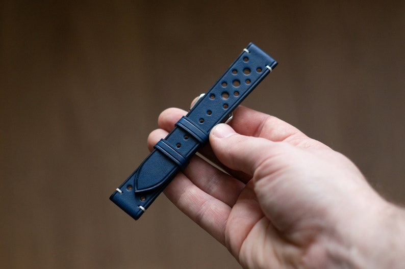 Navy Blue Tapered Vintage Rally Leather Watch Strap With Holes, Retro ...