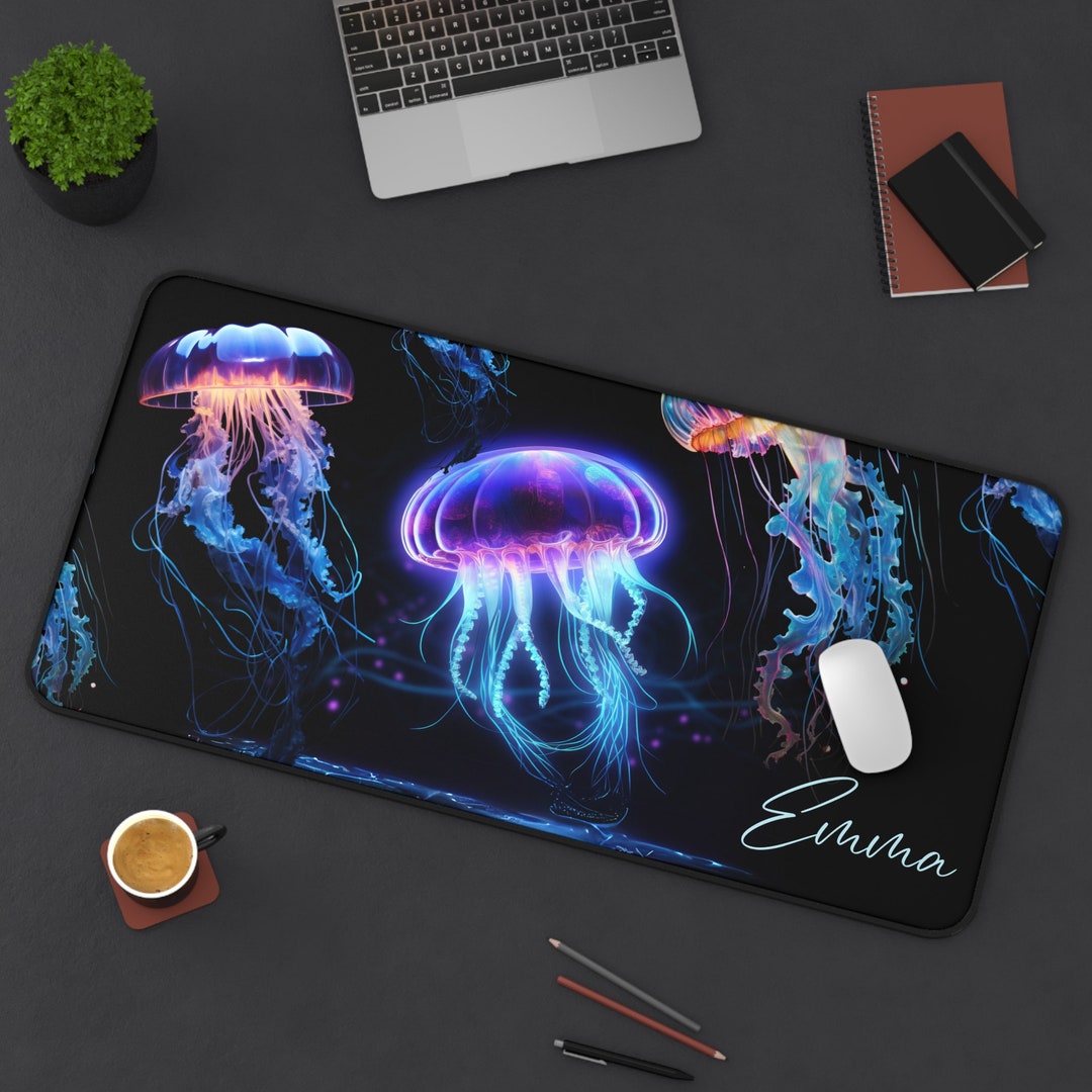 Jellyfish Desk Mat, Personalized Marine Desk Pad, Glowing Neon ...