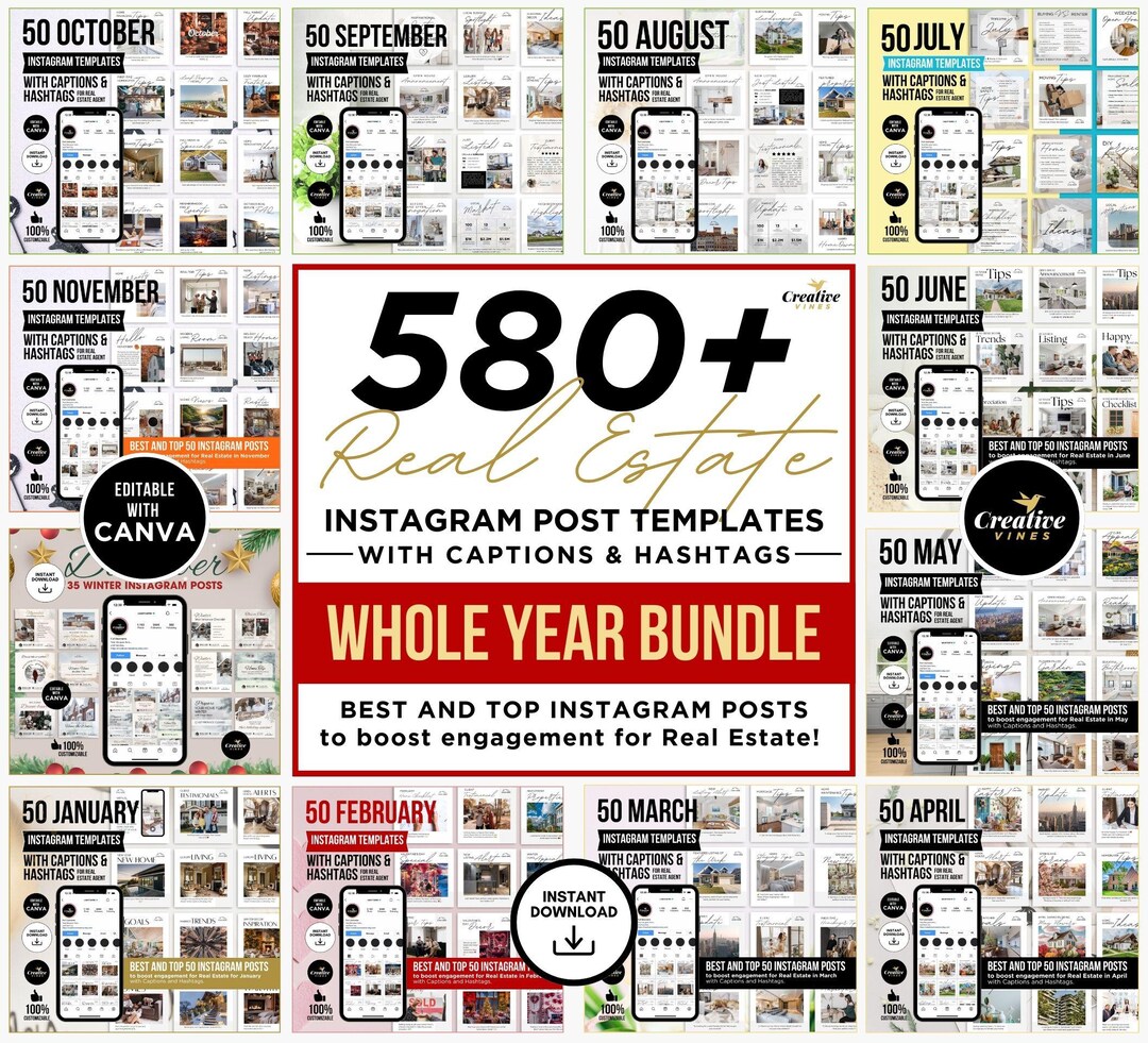 Real Estate Full Year Instagram Posts Bundle 12 Monthly Realtor Social ...