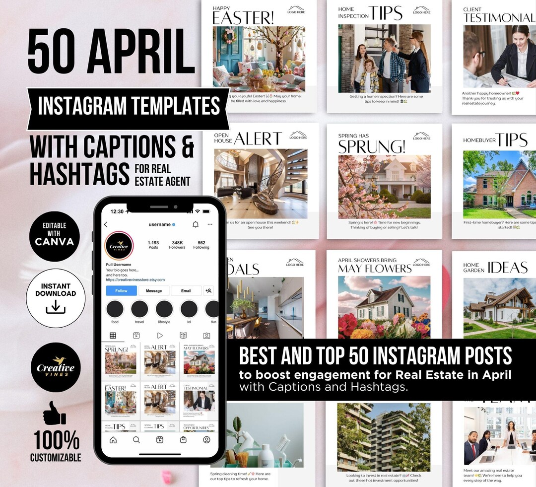 April Real Estate Instagram Posts With Captions & Hashtags Templates ...