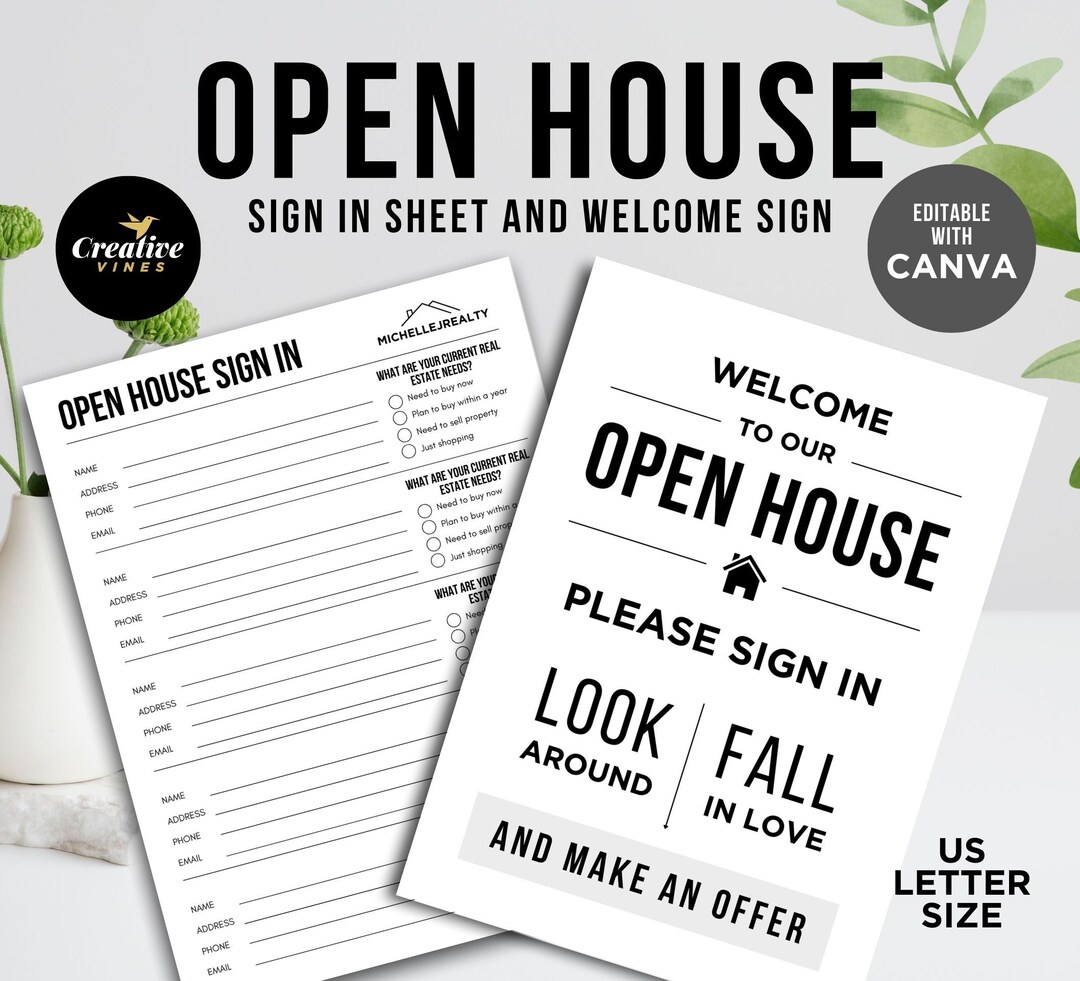 Real Estate Open House Sign in Sheet Welcome Sign Open House Sheets ...
