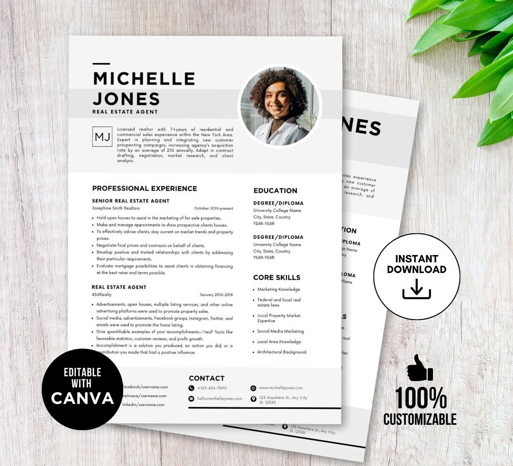 CV Real Estate Agent Resume CV Template Photo Resume Minimalist Resume ...