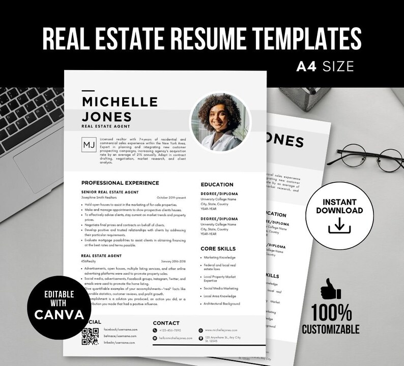 CV Real Estate Agent Resume CV Template Photo Resume - Etsy