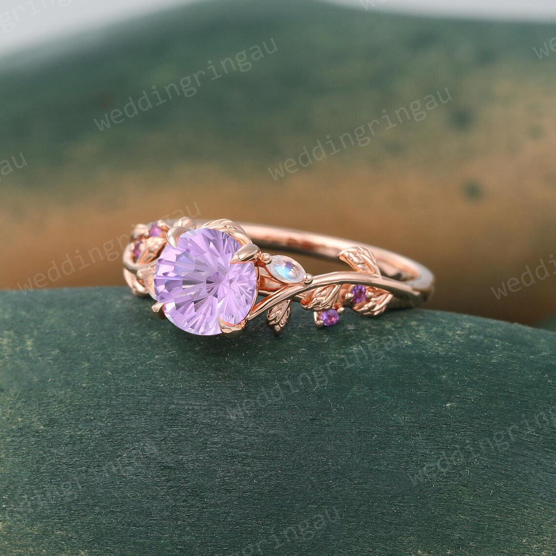 Firework Cut Lavender Amethyst Ring Vintage Rose Gold Leaf Engagement ...