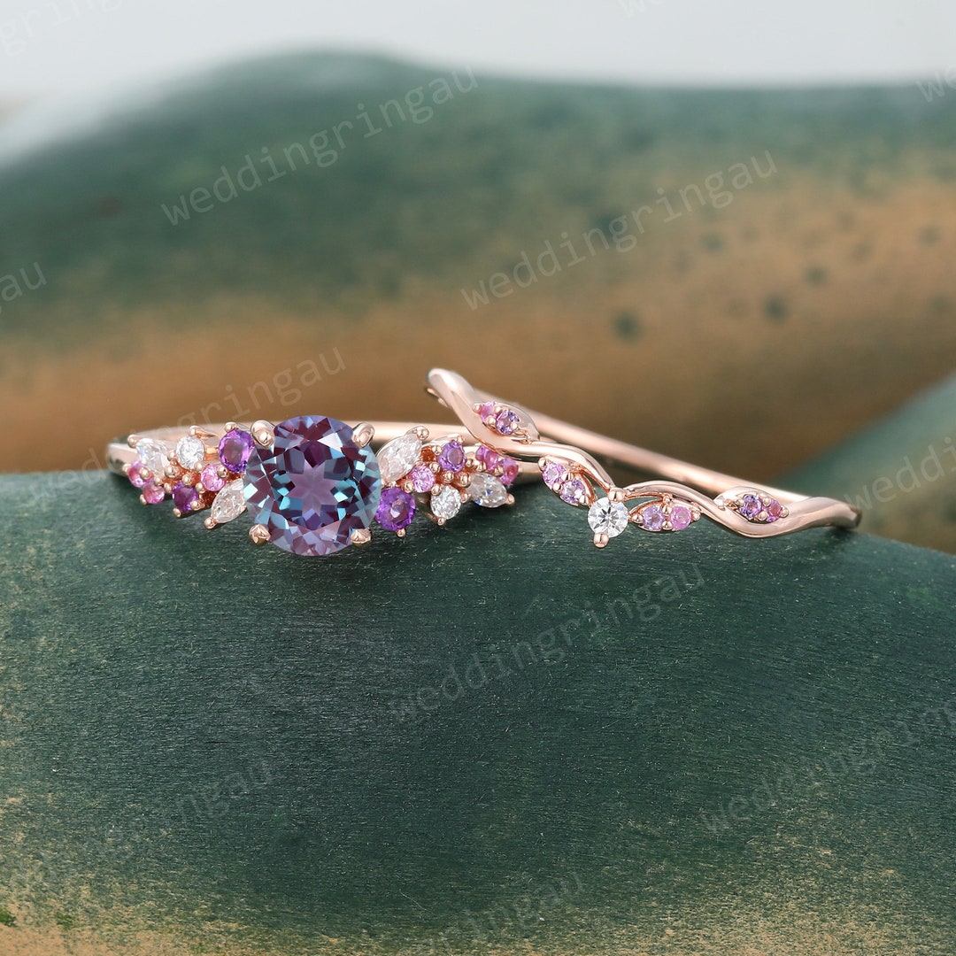 Alexandrite Engagement Ring Set Vintage Rose Gold Bridal Set Amethyst ...