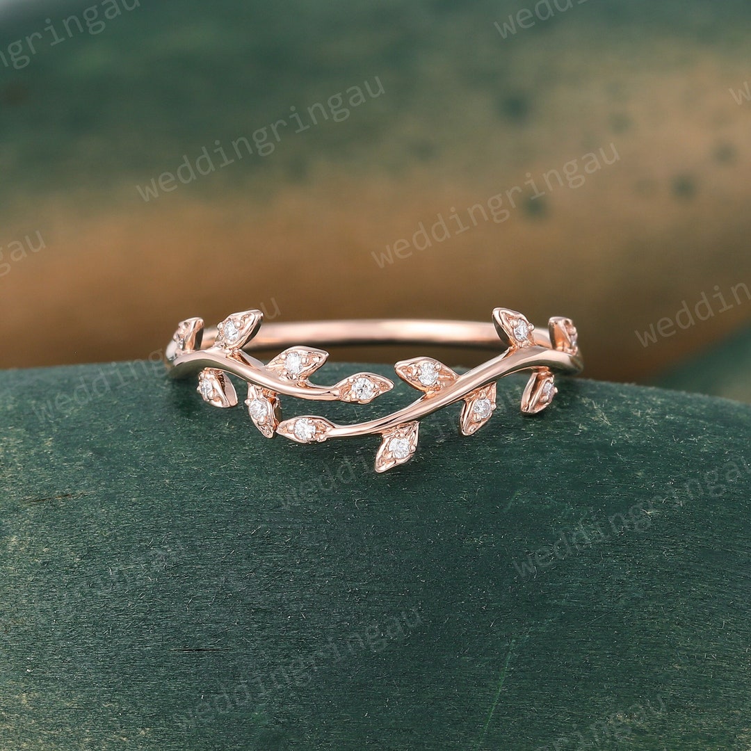 Elvish Curved Wedding Band Unique Rose Gold Moissanite Wedding Band ...