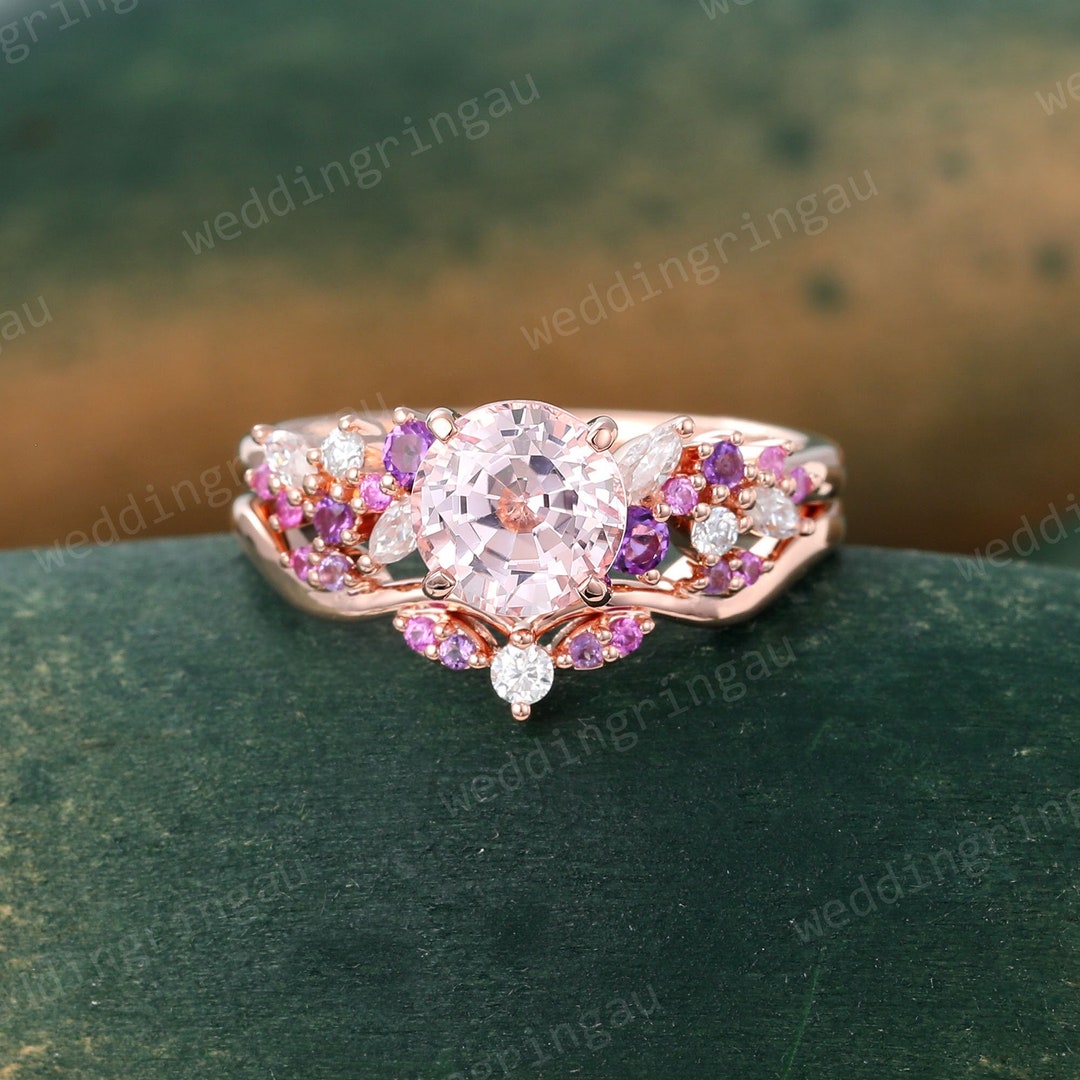 Round Lab Pink Sapphire Engagement Ring Set Vintage Rose Gold Bridal ...