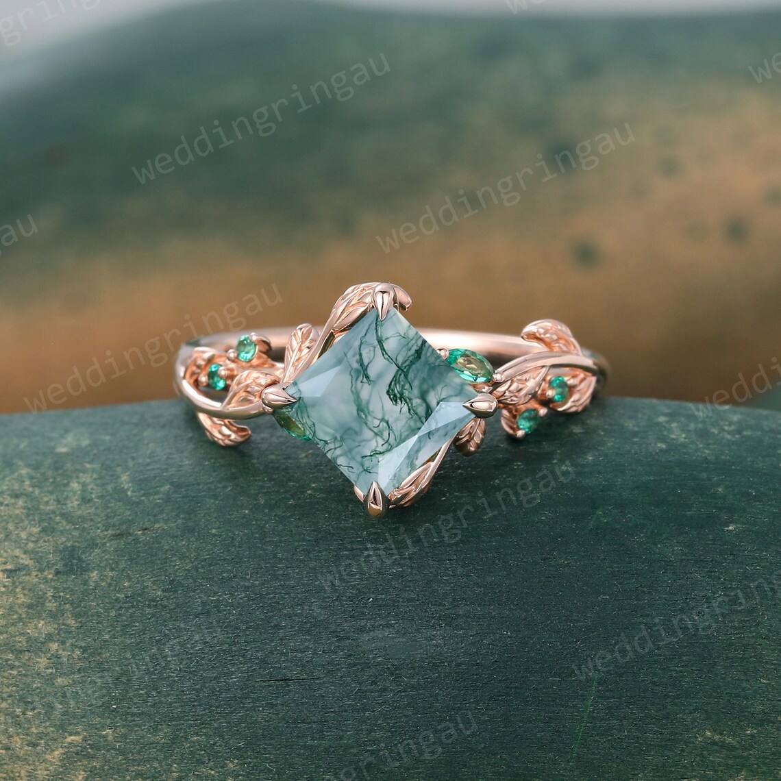 Princess Cut Natural Moss Agate Ring Unique Rose Gold Leaf Branch ...
