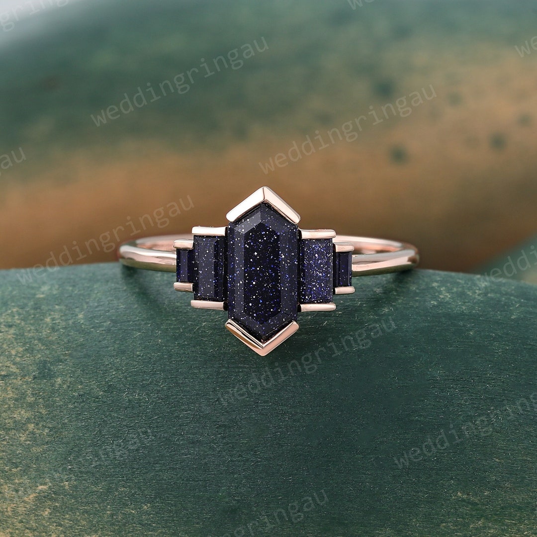 Hexagon Cut Blue Sandstone Ring Vintage Rose Gold Engagement Ring ...