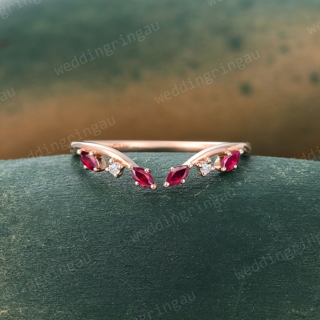 Natural Ruby Curved Wedding Band Unique Rose Gold Leaf Wedding Band Moissanite Open Ring Nature ...