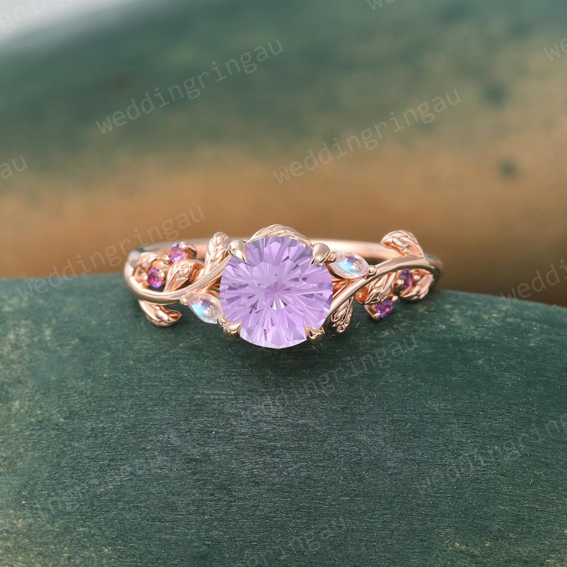 Firework Cut Lavender Amethyst Ring Vintage Rose Gold Leaf Engagement ...