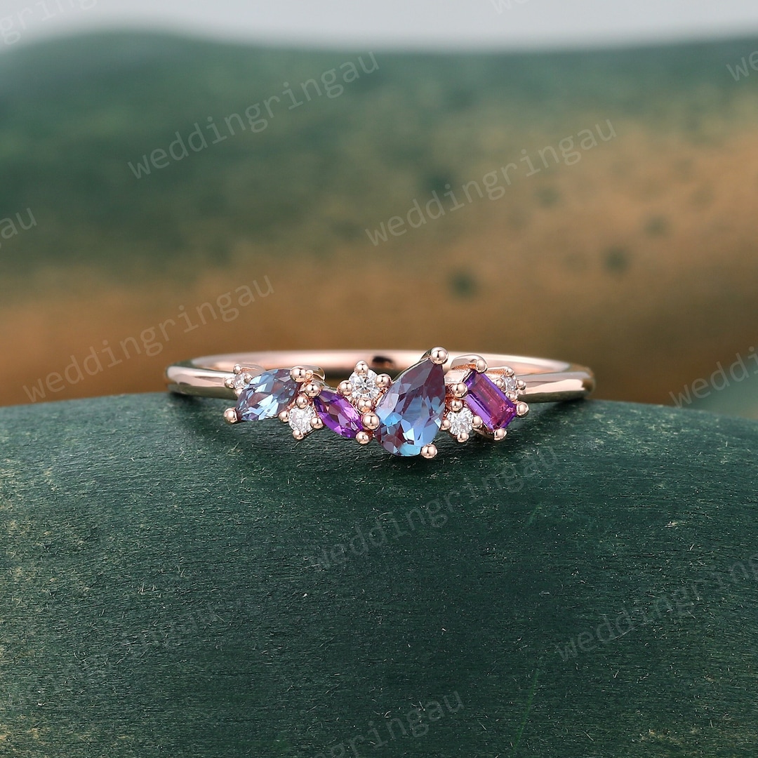 Cluster Pear Cut Alexandrite Wedding Band Unique Rose Gold Amethyst Stackable Ring Women ...