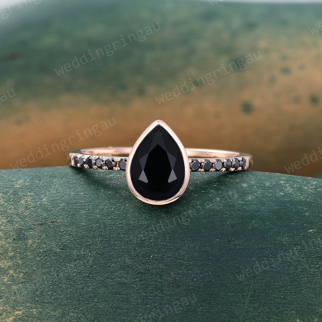 Pear Shaped Black Onyx Ring Rose Gold Engagement Ring Art Deco Teardrop Ring Bezel Set Ring Half ...