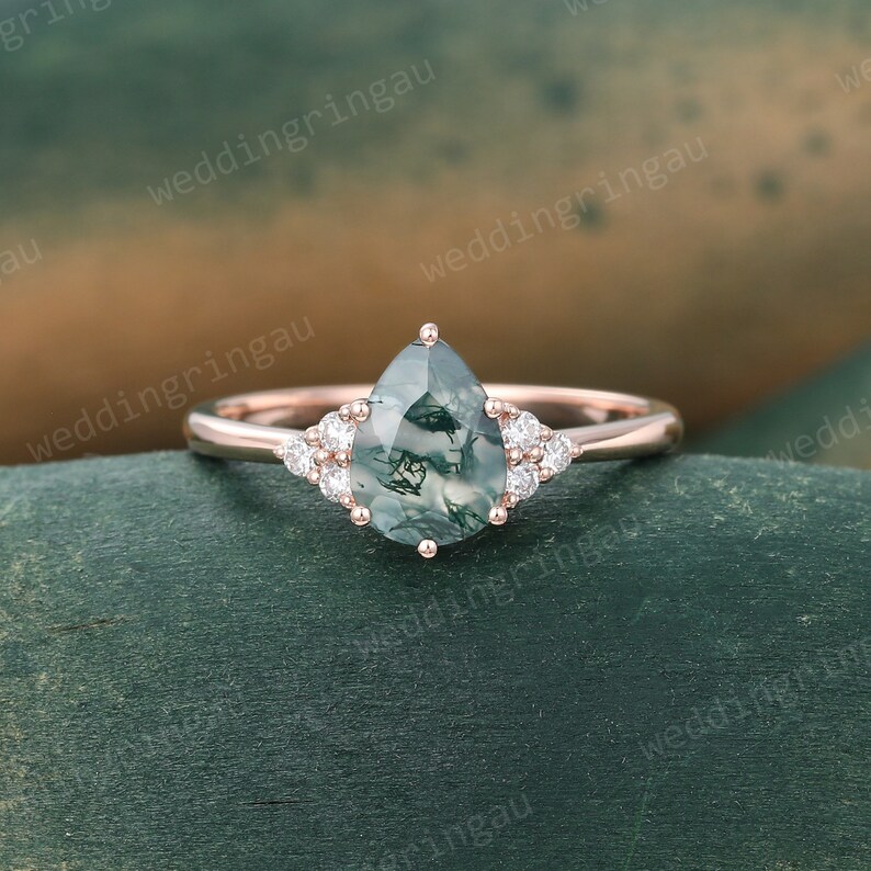 Pear Shaped Moss Agate Engagement Ring Set Vintage Rose Gold - Etsy Australia