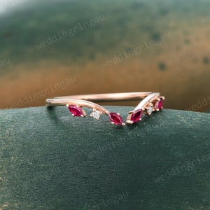 Natural Ruby Curved Wedding Band Unique Rose Gold Leaf Wedding Band Moissanite Open Ring Nature ...