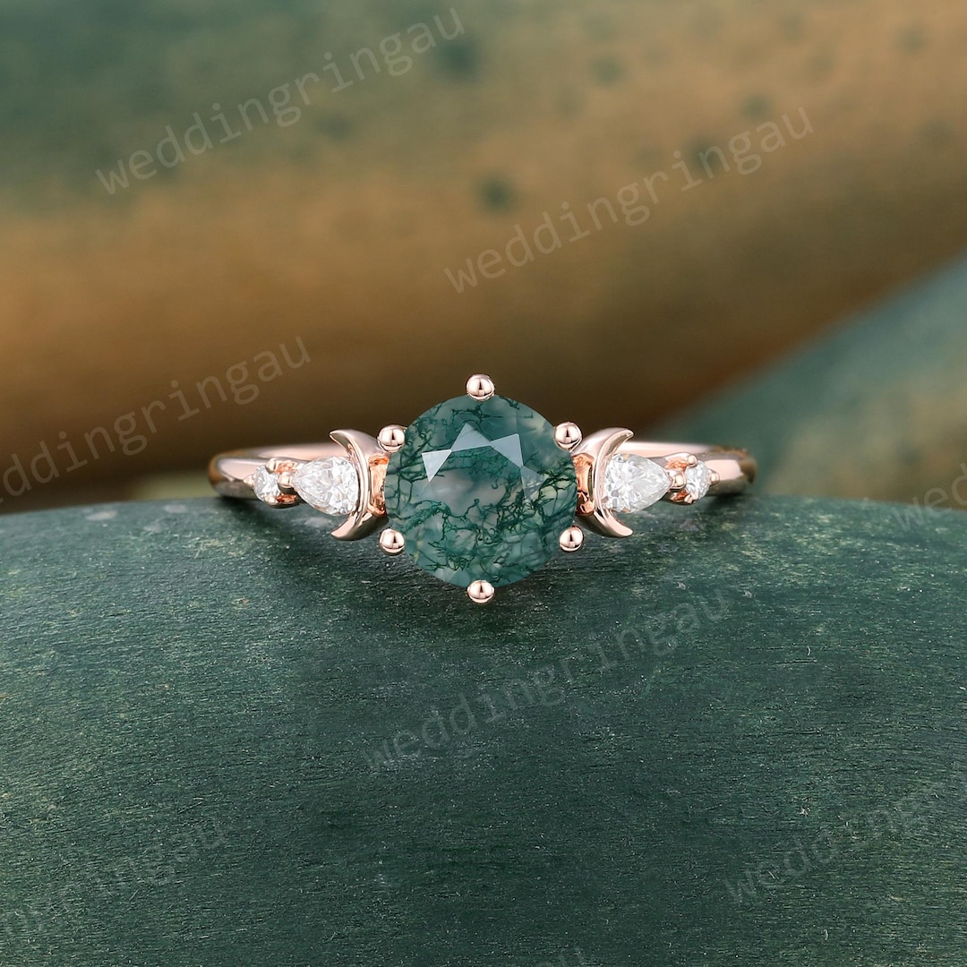 Moon Design Moss Agate Ring Unique Round Cut Engagement Ring Rose Gold ...