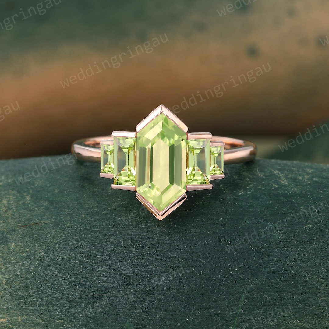 Hexagon Cut Peridot Ring Unique Rose Gold Engagement Ring Baguette Cut ...