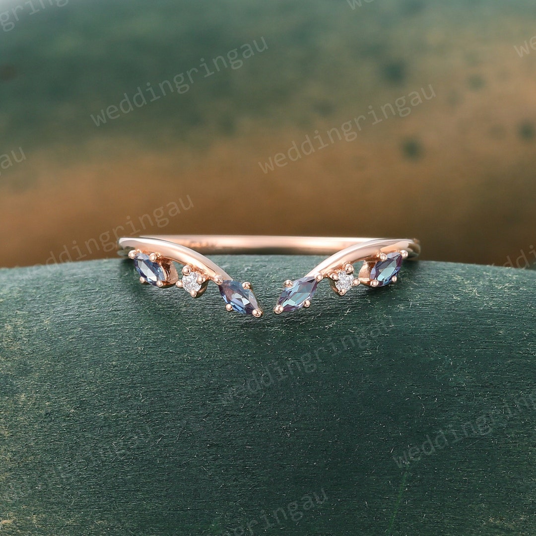 Alexandrite Curved Wedding Band Unique Open Wedding Band for Women Rose ...