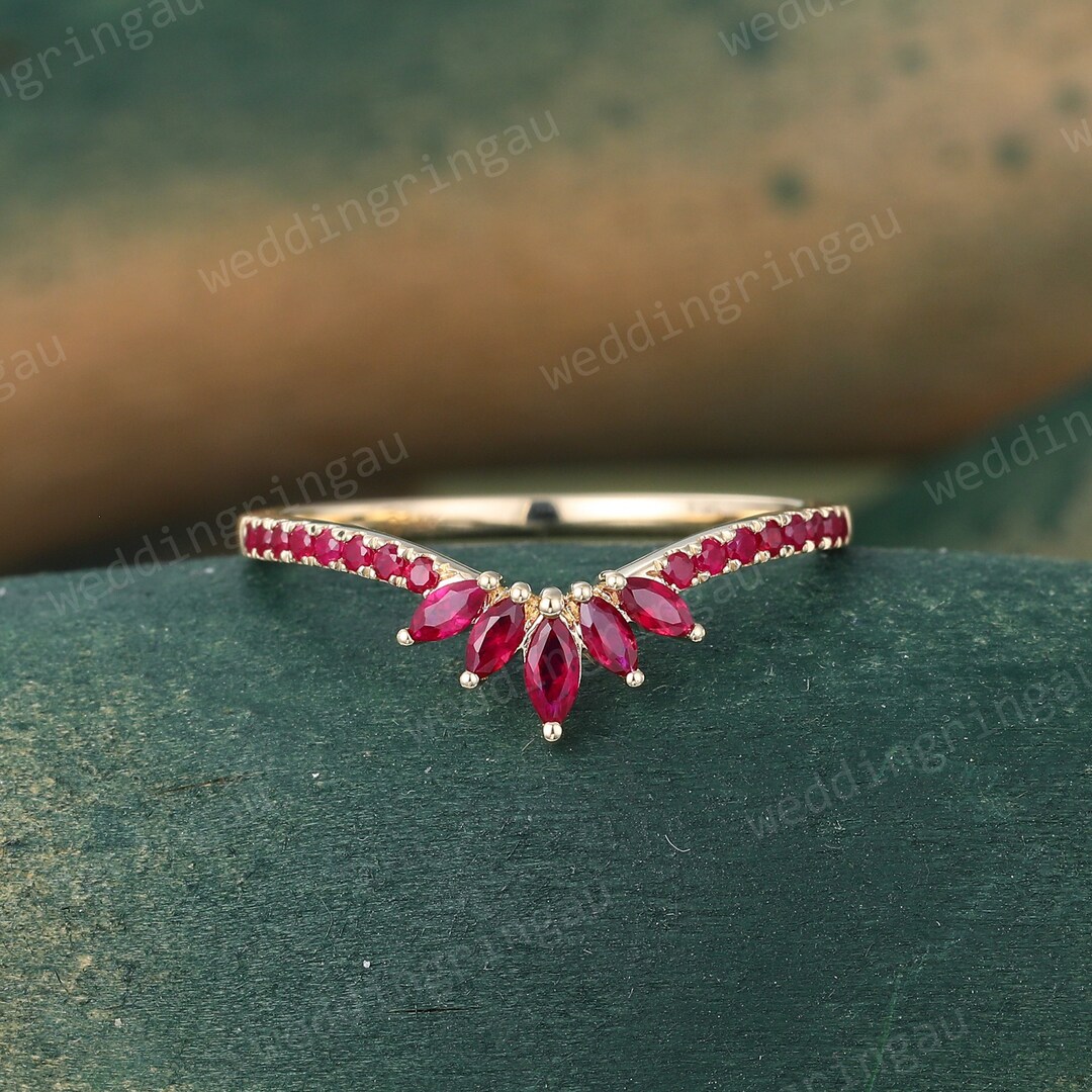 Marquise Cut Ruby Wedding Band Vintage Curved Wedding Band 14k Gold Art ...