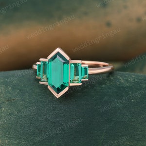 Hexagon Cut Emerald Engagement Ring Unique Rose Gold Ring Baguette Cut ...