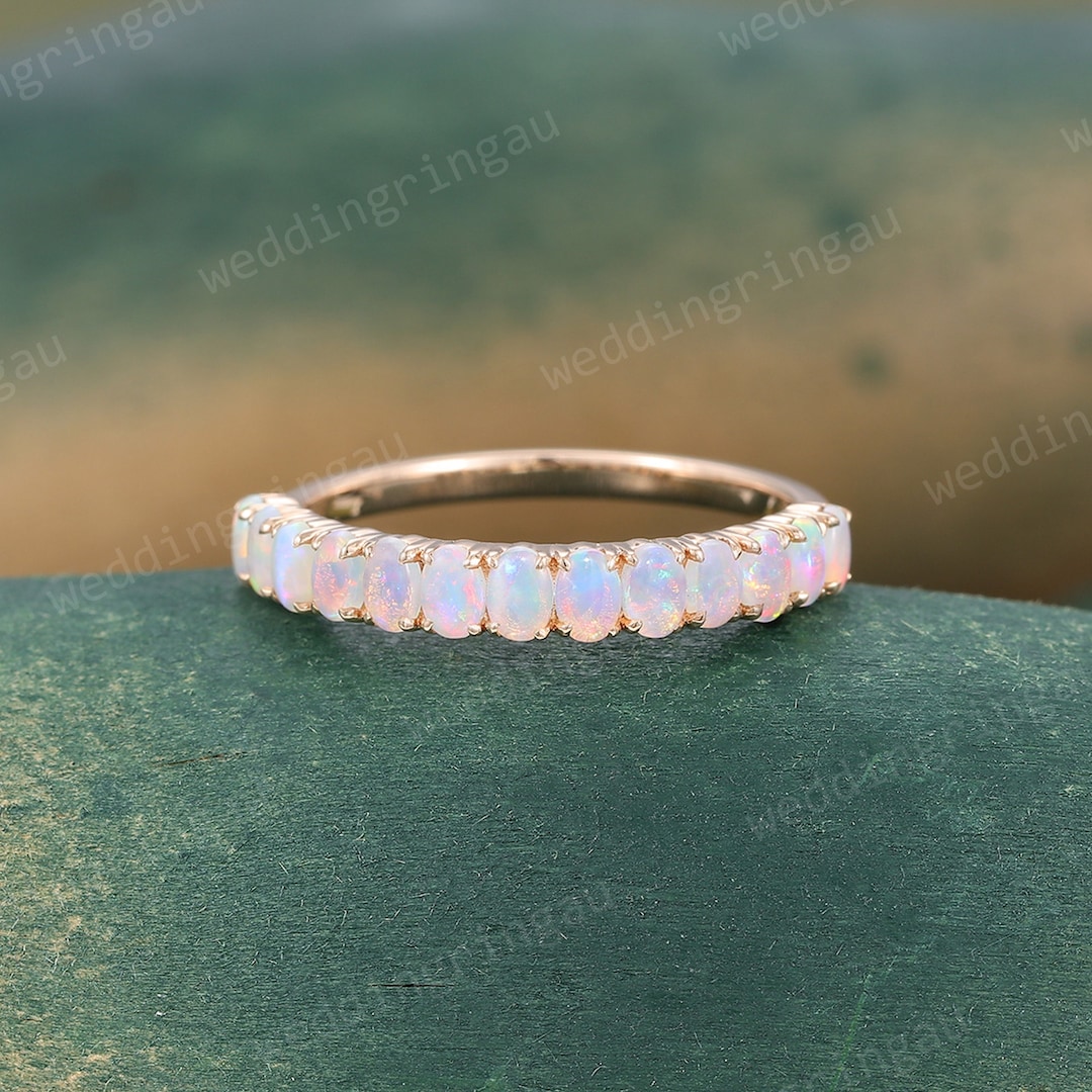 Natural Opal Wedding Band Unique Rose Gold Oval Cut Opal Wedding Ring Half Eternity Art Deco ...
