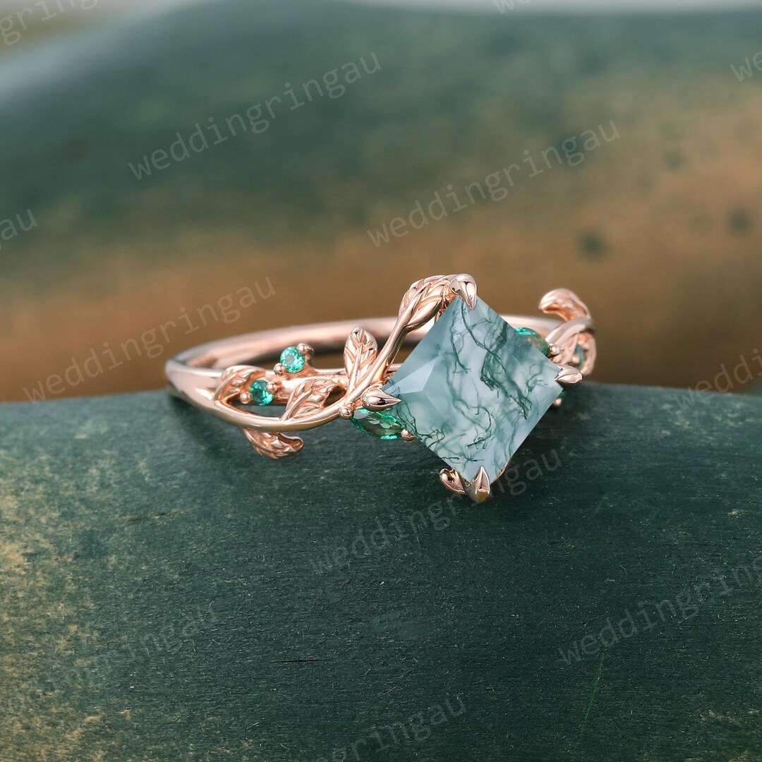 Princess Cut Natural Moss Agate Ring Unique Rose Gold Leaf Branch ...