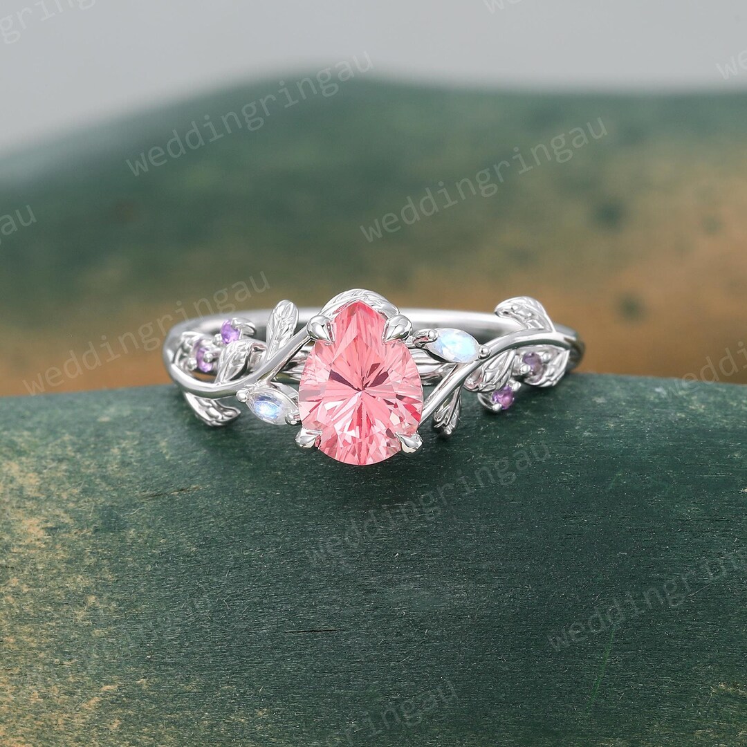 Firework Cut Pink Sapphire Ring Unique White Gold Pear Shaped Sapphire ...