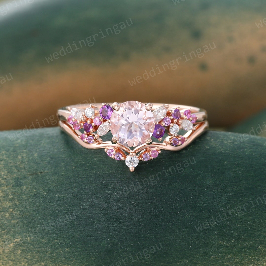 Morganite Engagement Ring Set Vintage Rose Gold Bridal Ring Set ...