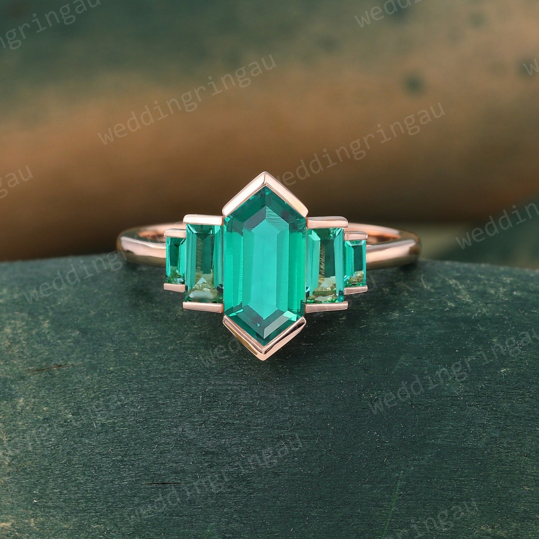 Hexagon Cut Emerald Engagement Ring Unique Rose Gold Ring Baguette Cut ...