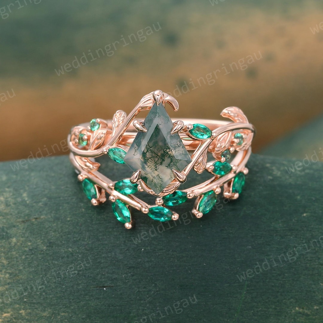 Kite Cut Moss Agate Engagement Ring Set Vintage Twig Engagement Ring ...