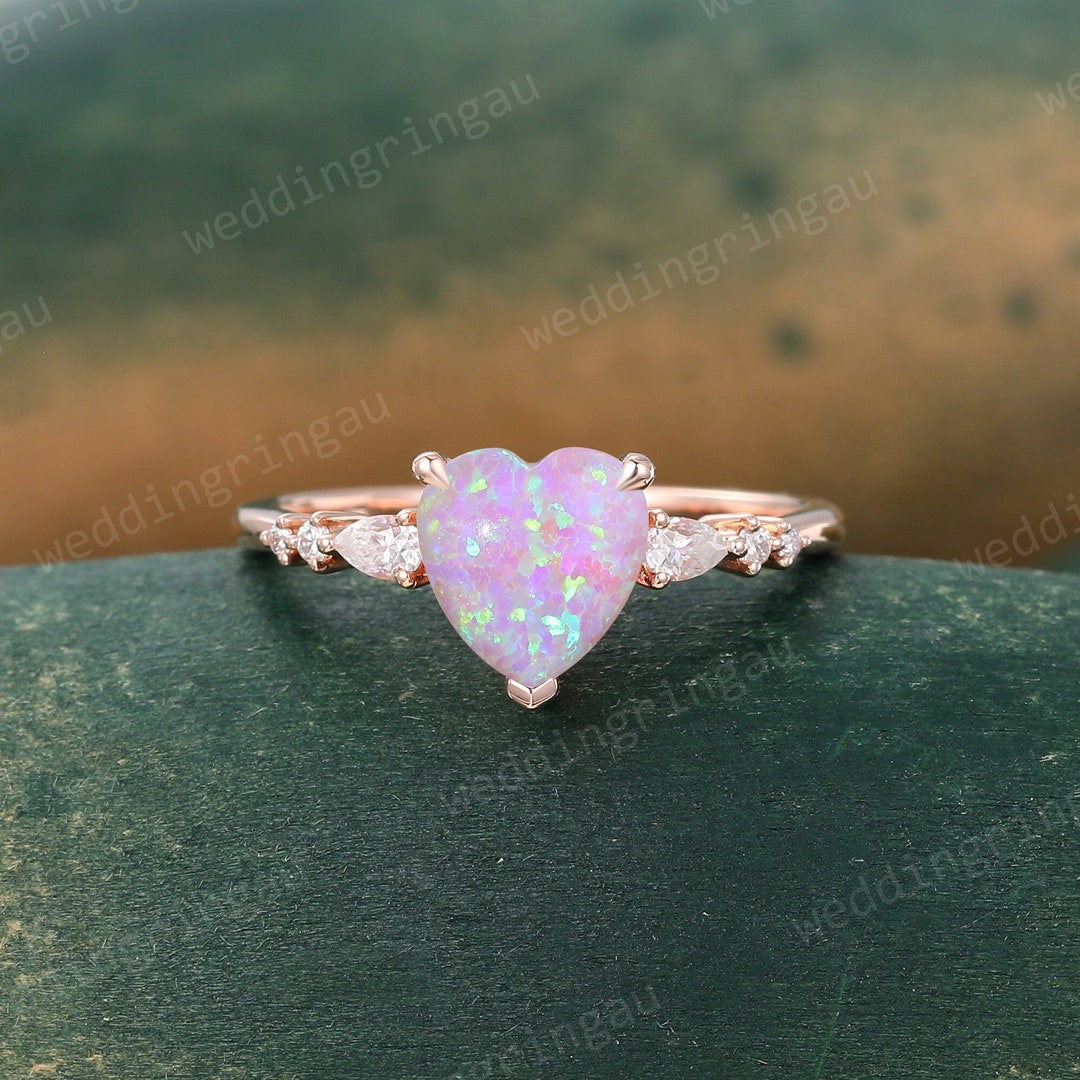 Heart Cut Pink Opal Ring Unique Rose Gold Engagement Ring Women Pear ...