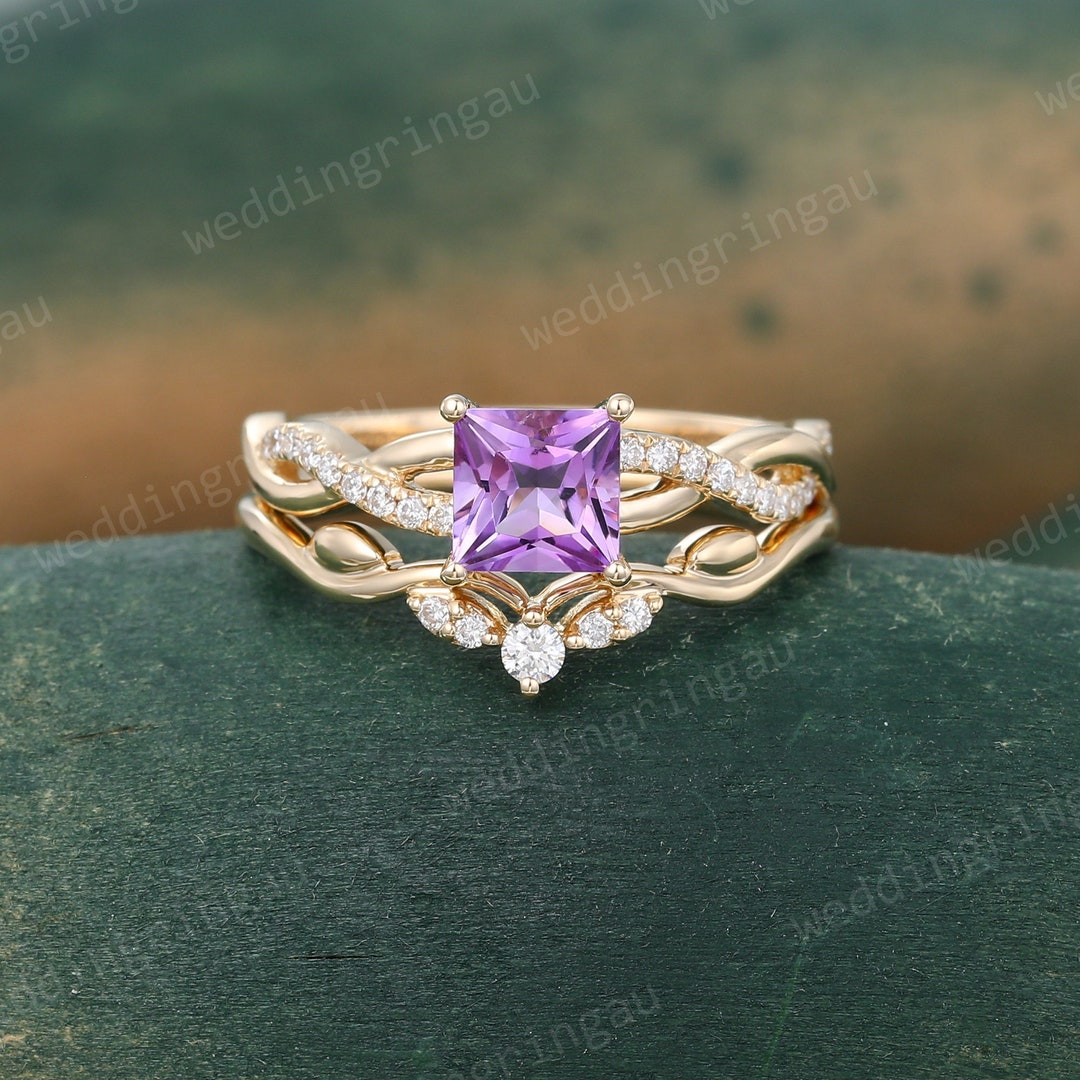 Princess Cut Amethyst Engagement Ring Set Vintage Yellow Gold ...