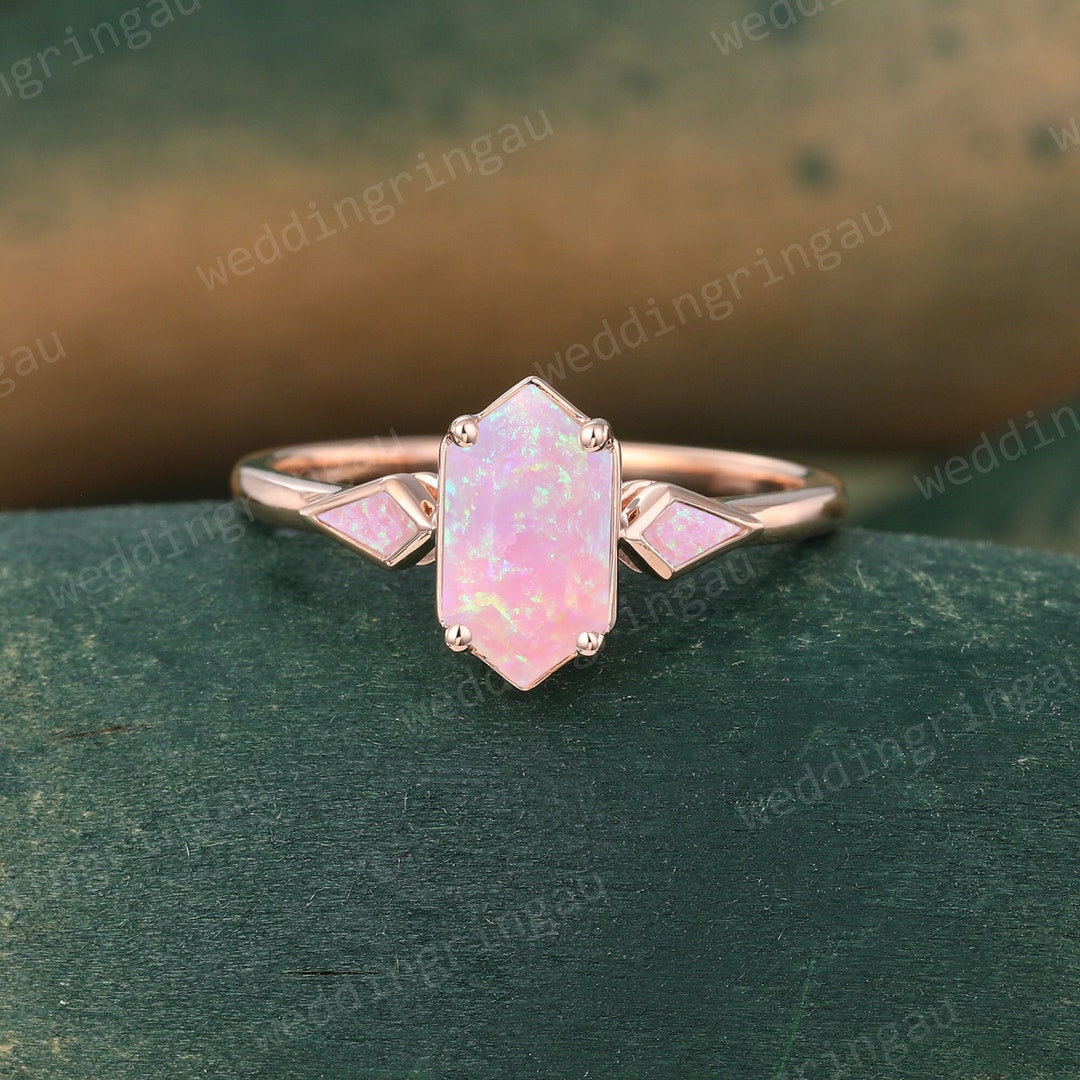 Hexagon Cut Pink Opal Ring Unique Rose Gold Engagement Ring Kite Cut Opal Bezel Set Ring Three ...