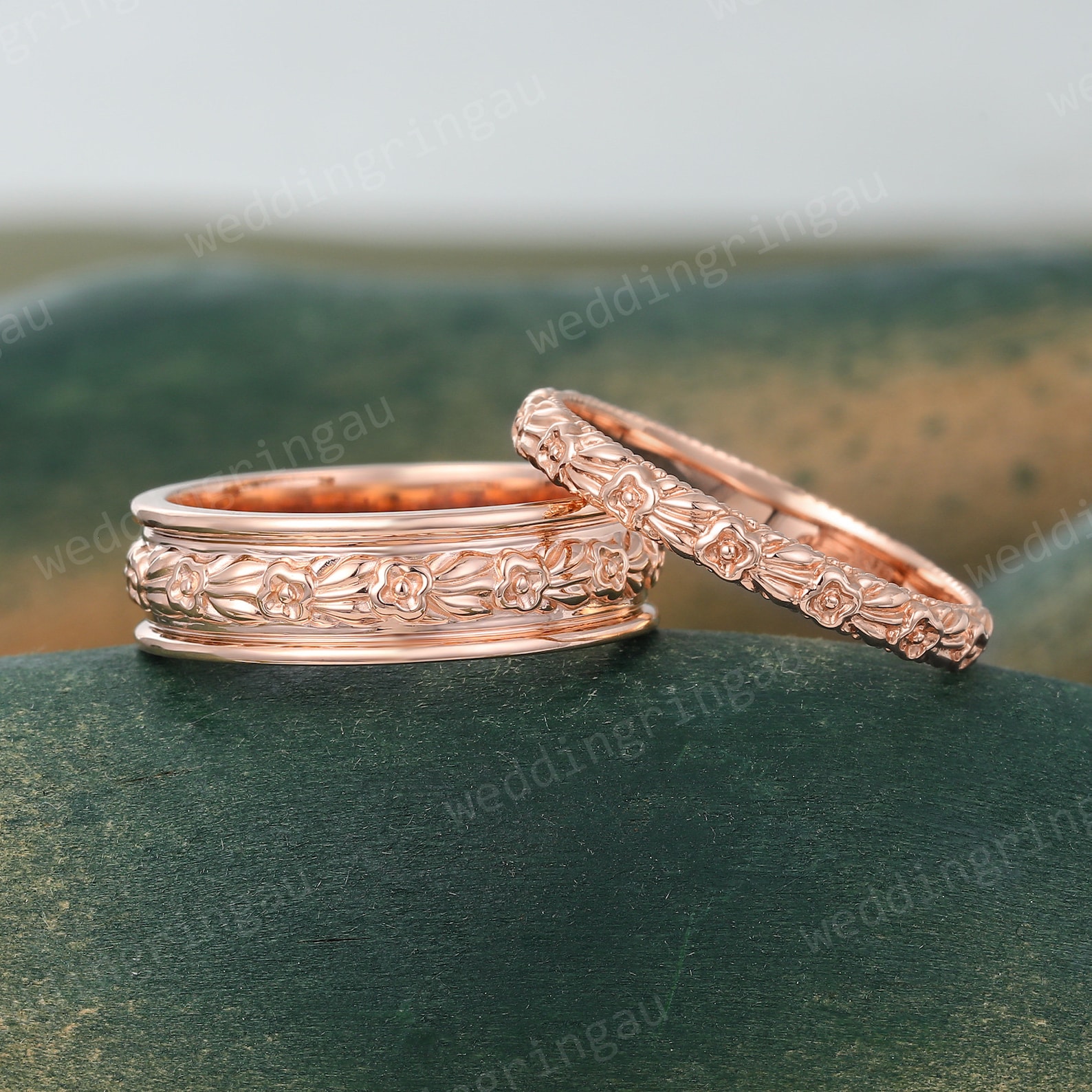 Floral Couple Ring Set Vintage Rose Gold Plain Wedding Band His and ...