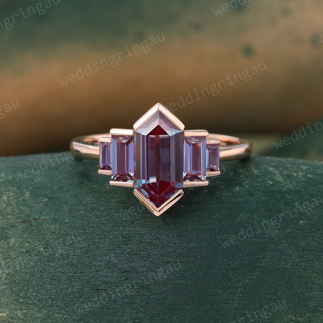 Hexagon Cut Alexandrite Ring Unique Rose Gold Engagement Ring June ...