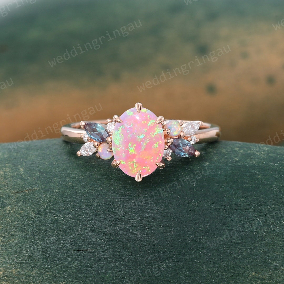Oval Cut Pink Opal Ring Unique Cluster Gemstone Engagement Ring 14k ...