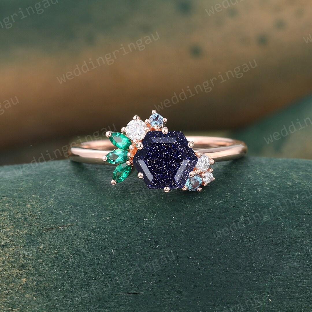 Hexagon Cut Blue Sandstone Ring Unique Blue Sandstone Engagement Ring ...