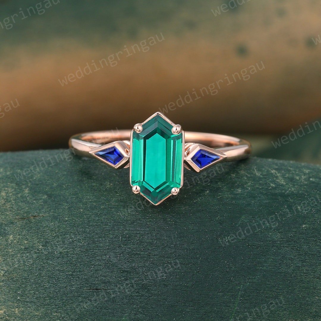 Hexagon Cut Emerald Engagement Ring Unique Rose Gold Kite Cut Blue ...