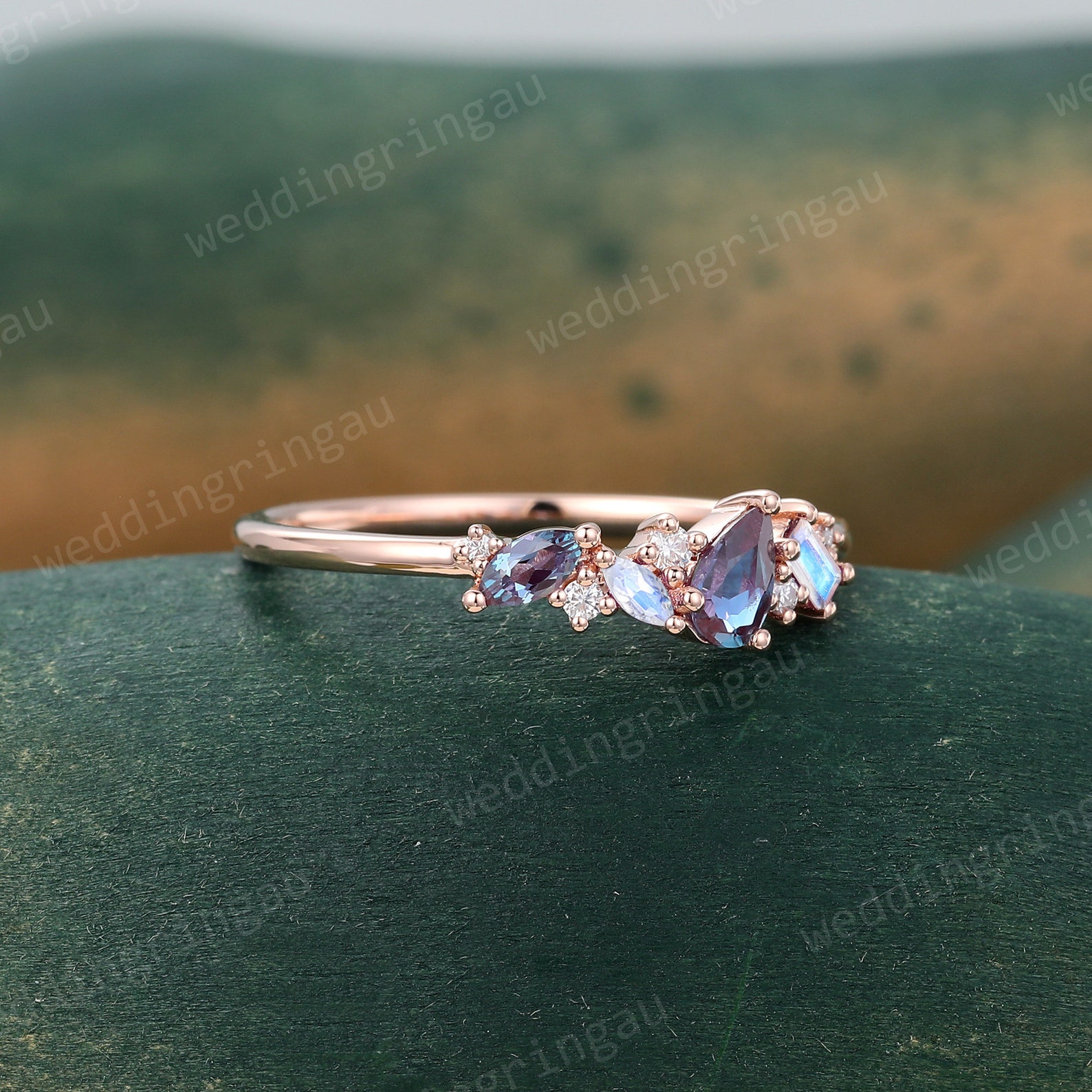 Cluster Alexandrite Wedding Band Unique Rose Gold Baguette Cut ...