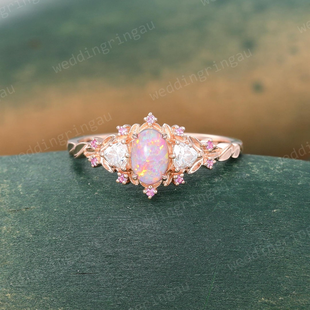 Oval Cut Pink Opal Engagement Ring Unique Rose Gold Trillion Cut ...