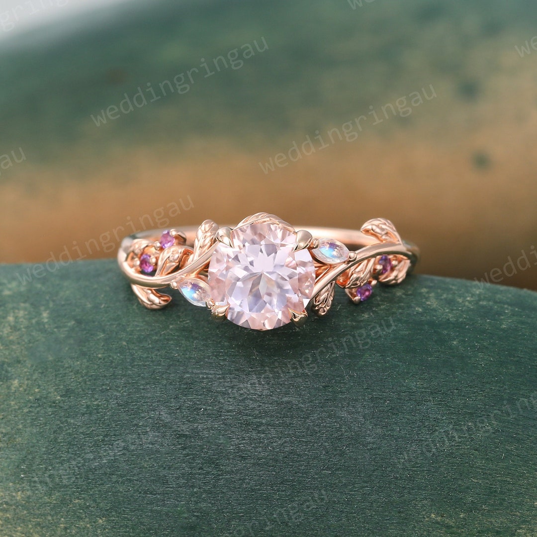 Round Morganite Engagement Ring Unique Rose Gold Leaf Twig Engagement Ring Marquise Cut ...