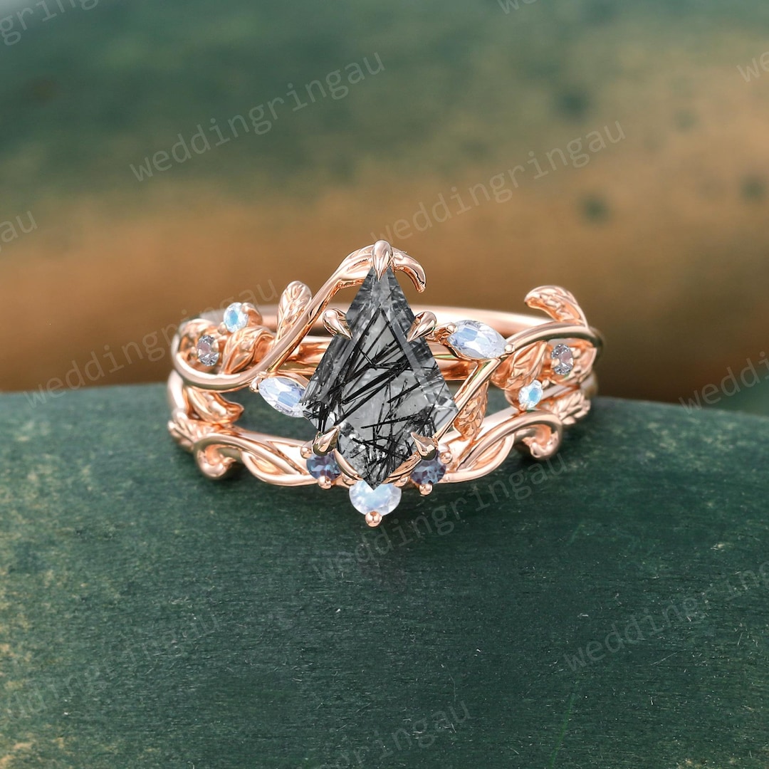 Kite Cut Black Rutilated Quartz Engagement Ring Set Vintage Twig ...